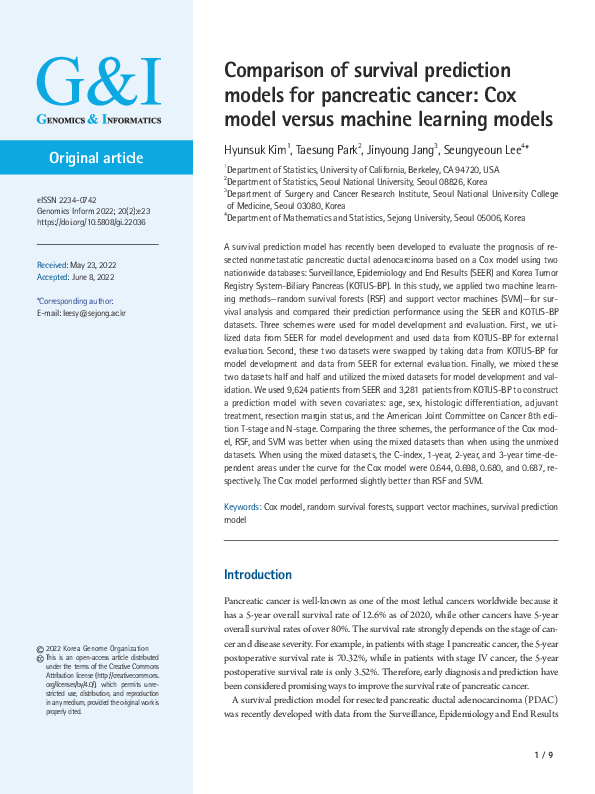 (PDF) Comparison of survival prediction models for pancreatic cancer ...