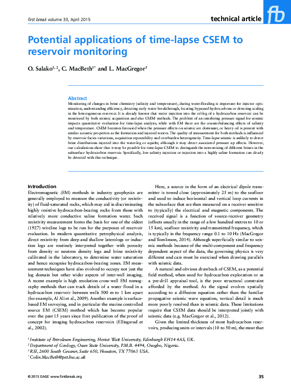 Pdf Potential Applications Of Time Lapse Csem To Reservoir Monitoring
