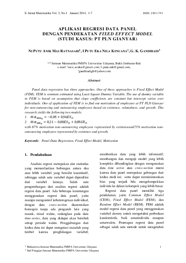 (PDF) Aplikasi Regresi Data Panel Dengan Pendekatan Fixed Effect Model (Studi Kasus: PT PLN ...