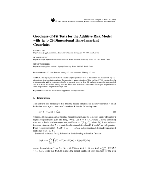 Pdf Goodness Of Fit Tests For The Additive Risk Model With P 2 Dimensional Time Invariant