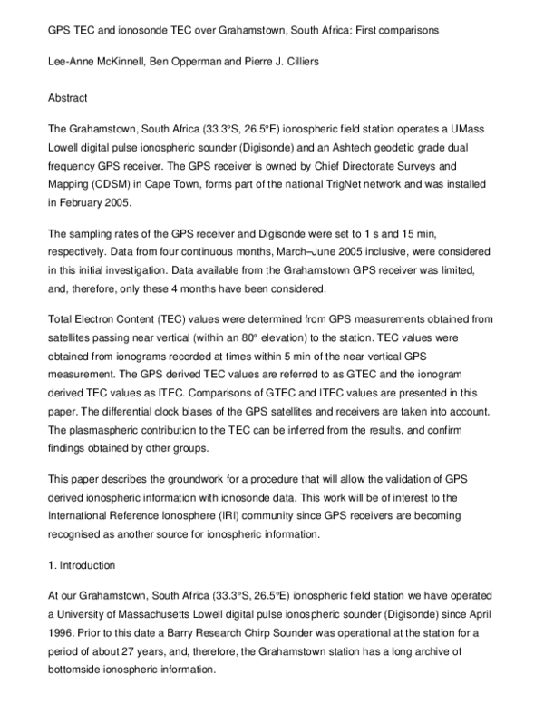 (PDF) GPS TEC and ionosonde TEC over Grahamstown, South Africa: First ...