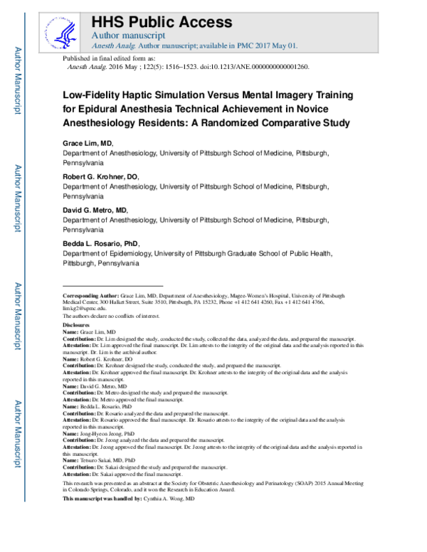 (PDF) Low-Fidelity Haptic Simulation Versus Mental Imagery Training for Epidural Anesthesia ...