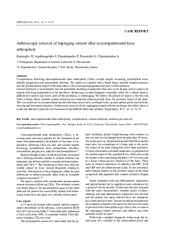(PDF) Arthroscopic removal of impinging cement after unicompartmental ...