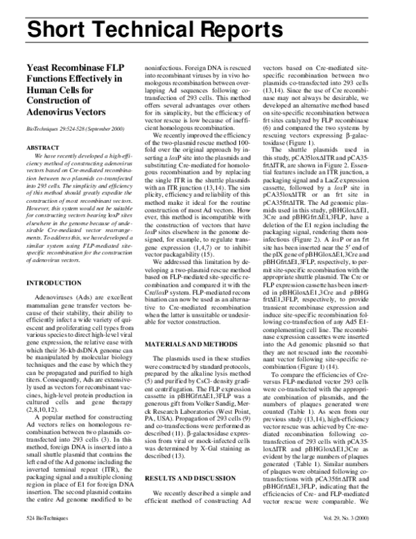 (PDF) Yeast Recombinase FLP Functions Effectively in Human Cells for ...