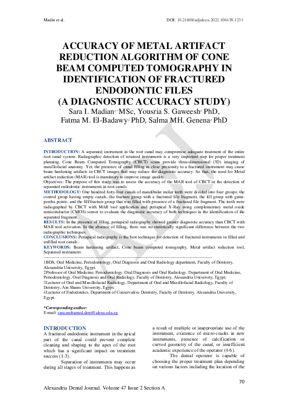 Pdf Accuracy Of Metal Artifact Reduction Algorithm Of Cone Beam Computed Tomography In