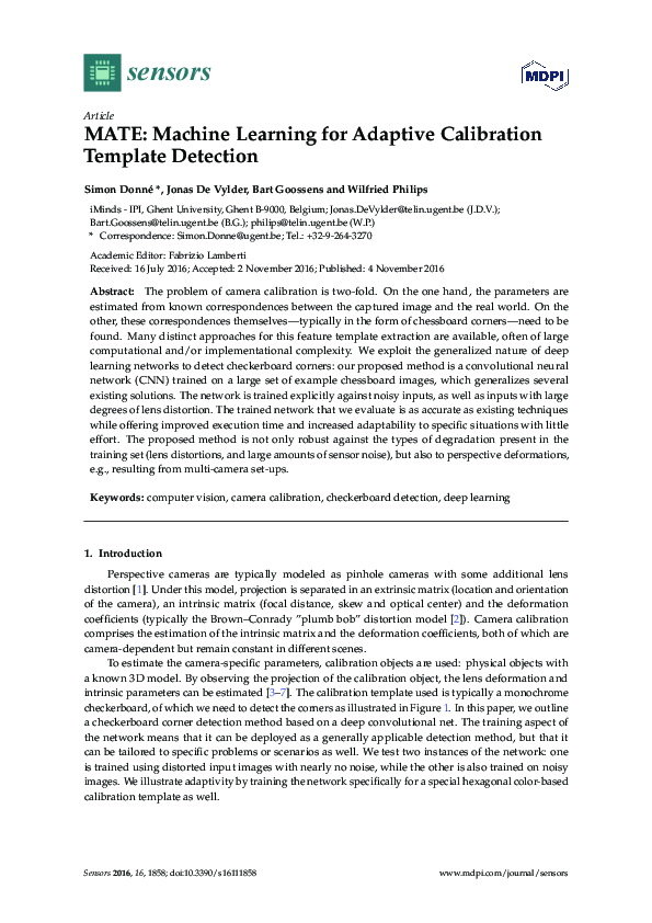 Pdf Mate Machine Learning For Adaptive Calibration Template Detection