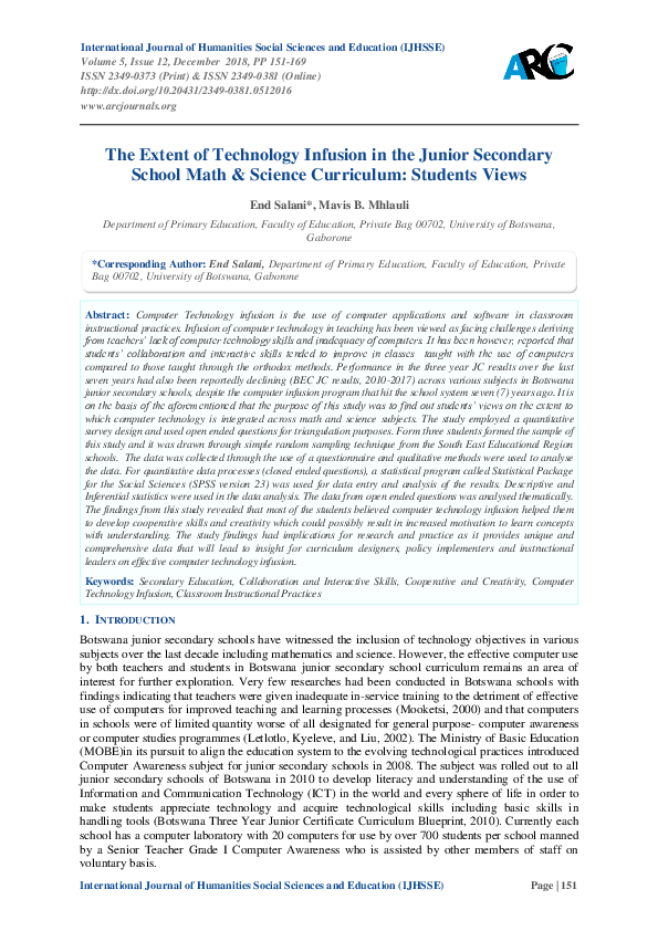 (PDF) The Extent of Technology Infusion in the Junior Secondary School ...
