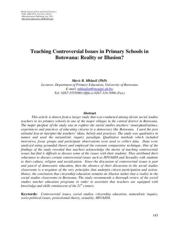 (PDF) Teaching Controversial Issues in Primary Schools in Botswana: Reality or Illusion?