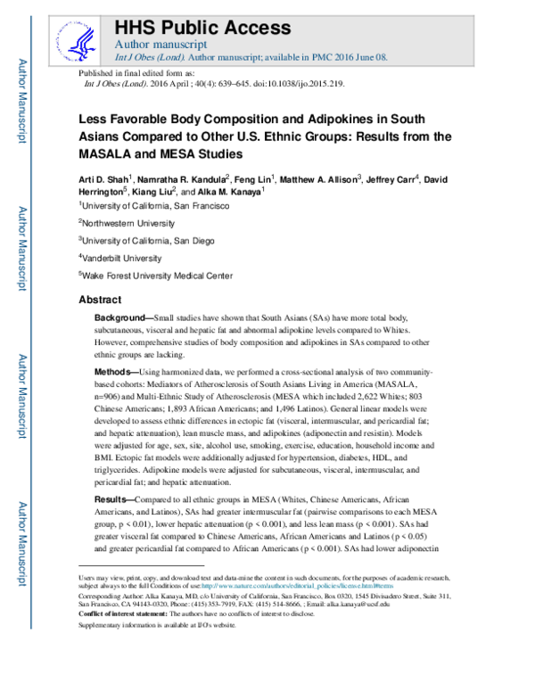(PDF) Less favorable body composition and adipokines in south asians ...