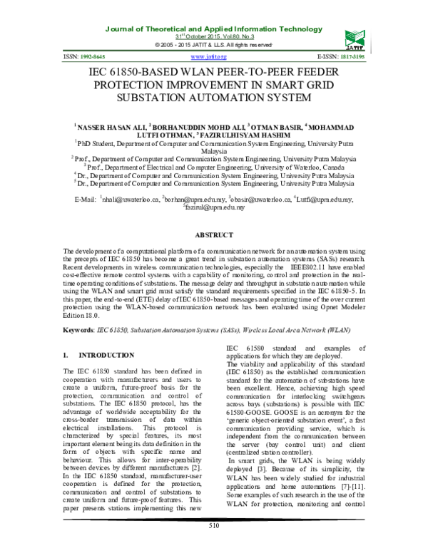 (PDF) IEC 61850-based WLAN peer-to-peer feeder protection improvement in smart grid substation ...