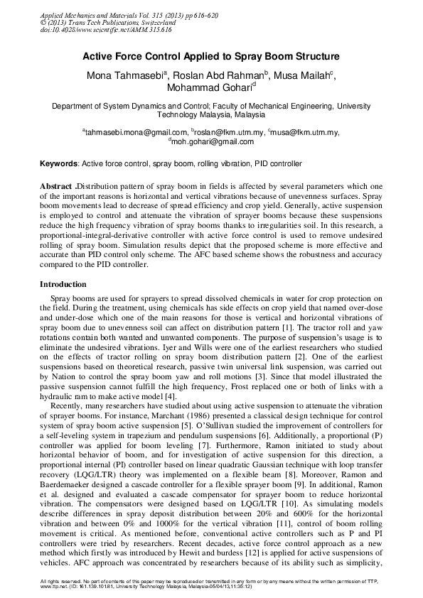 (PDF) Active Force Control Applied to Spray Boom Structure