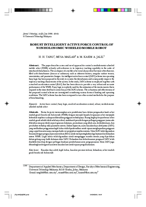 (PDF) Robust Intelligent Active Force Control Of Nonholonomic Wheeled Mobile Robot