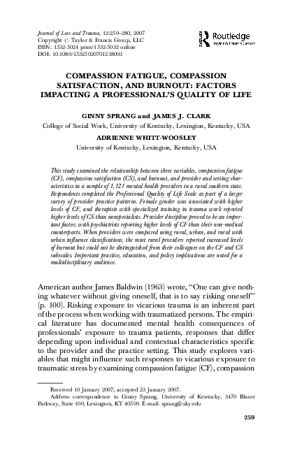 (PDF) Compassion Fatigue, Compassion Satisfaction, and Burnout: Factors ...