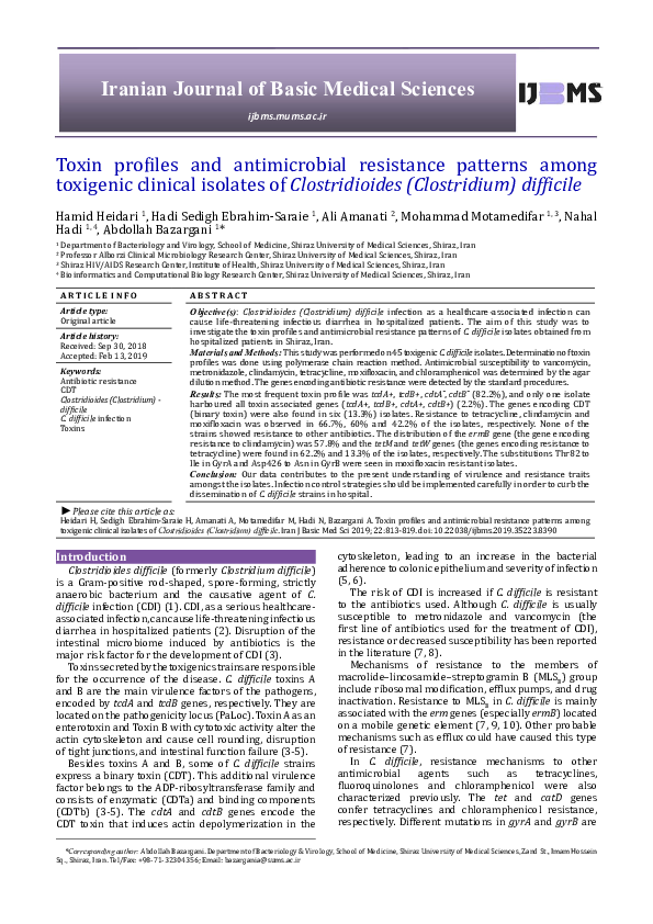 Pdf Toxin Profiles And Antimicrobial Resistance Patterns Among Toxigenic Clinical Isolates Of
