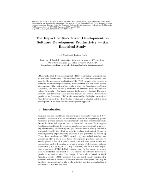 Pdf The Impact Of Test Driven Development On Software Development Productivity — An Empirical