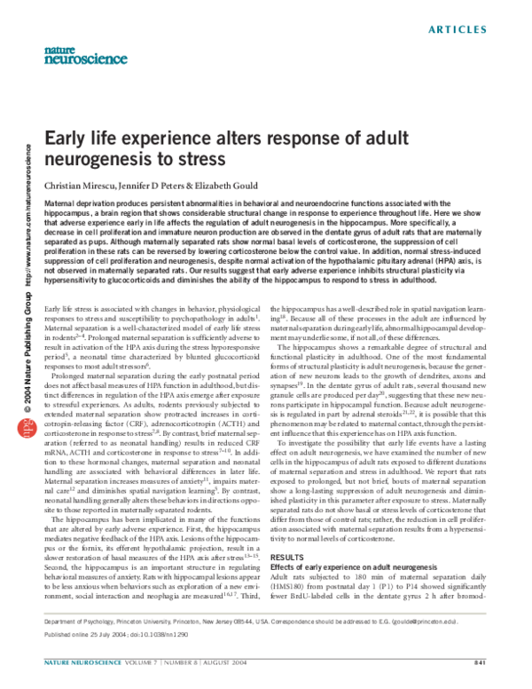 (PDF) Early life experience alters response of adult neurogenesis to ...