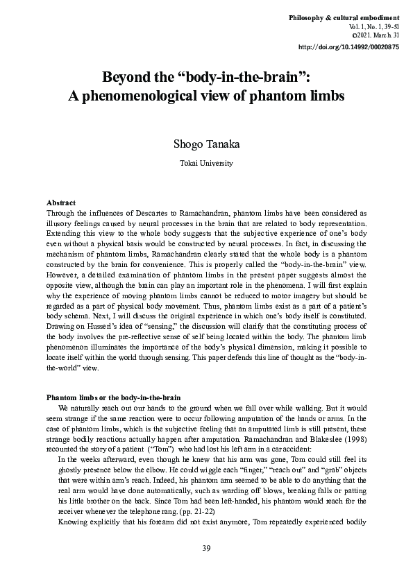(PDF) Beyond the “body-in-the-brain”: A phenomenological view of phantom limbs