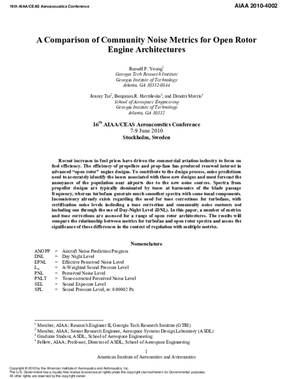 (PDF) A Comparison of Community Noise Metrics for Open Rotor Engine Architectures