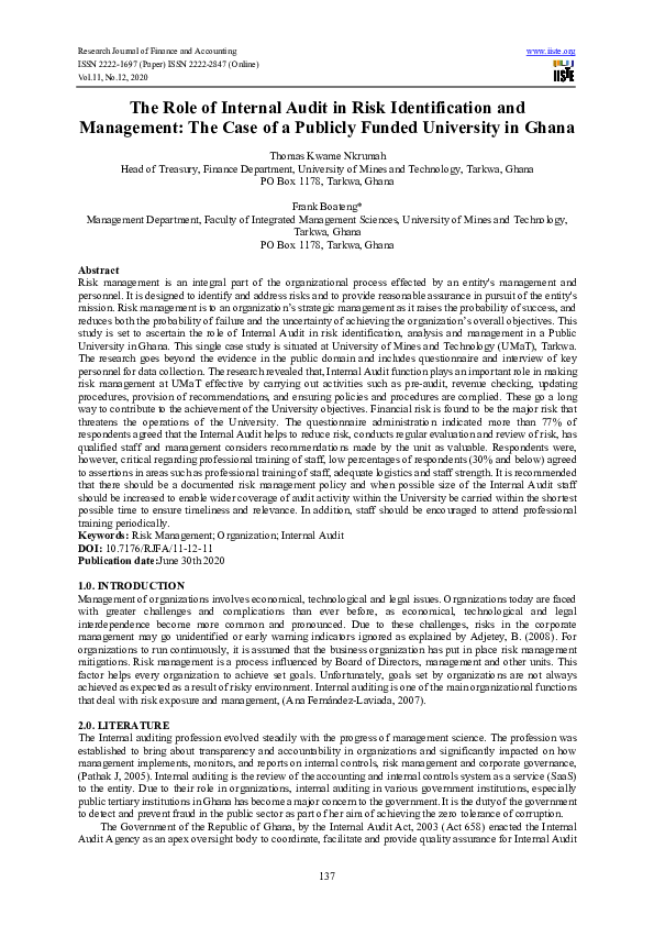 (PDF) The Role of Internal Audit in Risk Identification and Management ...