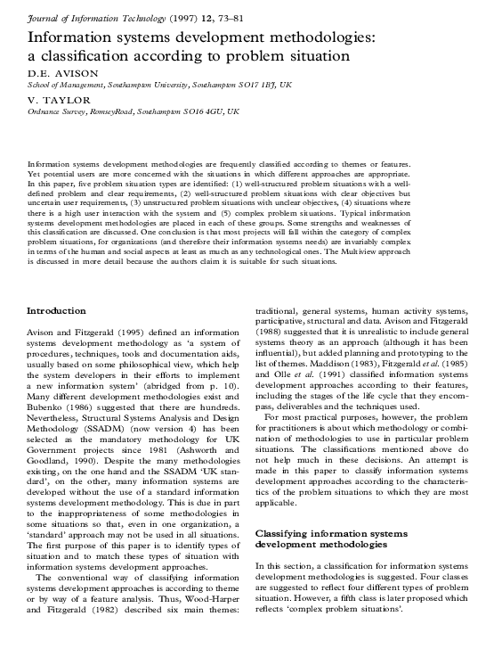 (PDF) Information systems development methodologies: a classification according to problem situation