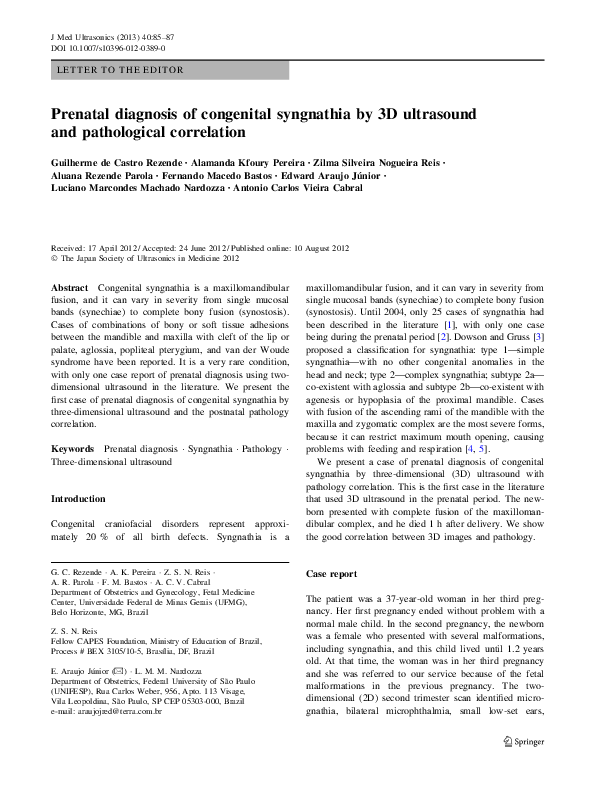(PDF) Prenatal diagnosis of congenital syngnathia by 3D ultrasound and ...