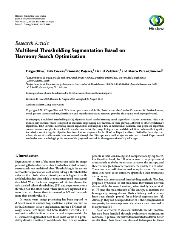 (PDF) Multilevel Thresholding Segmentation Based on Harmony Search Optimization