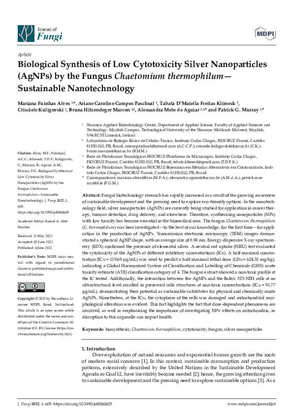 (PDF) Biological Synthesis of Low Cytotoxicity Silver Nanoparticles (AgNPs) by the Fungus ...