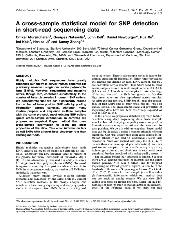 Pdf A Cross Sample Statistical Model For Snp Detection In Short Read