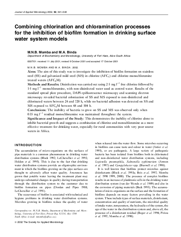 (PDF) Combining chlorination and chloramination processes for the ...