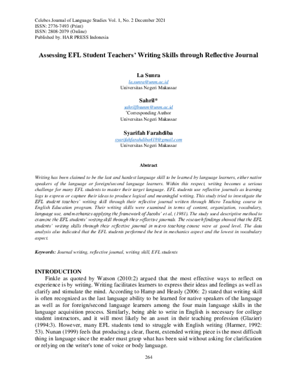 (PDF) Assessing EFL Student Teachers’ Writing Skills through Reflective ...