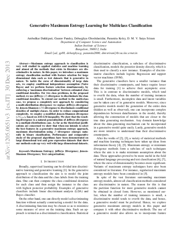 Pdf Generative Maximum Entropy Learning For Multiclass Classification