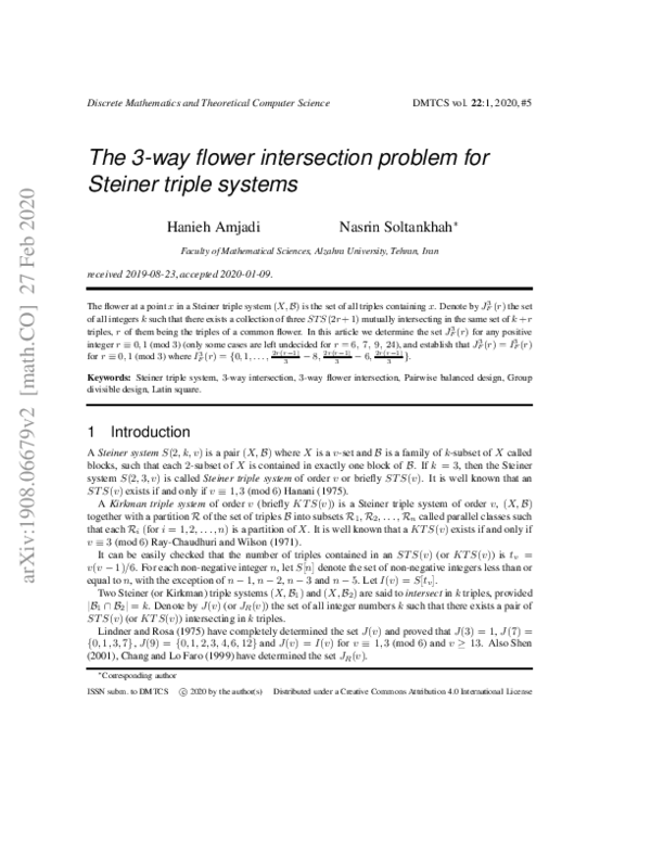 (PDF) The 3-way flower intersection problem for Steiner triple systems