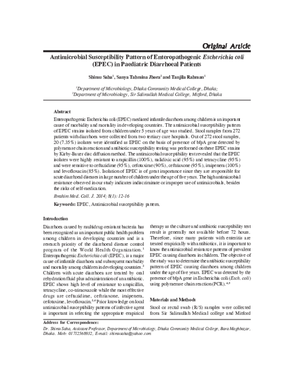(PDF) Antimicrobial susceptibility pattern of Enteropathogenic Escherichia coli (EPEC) in ...