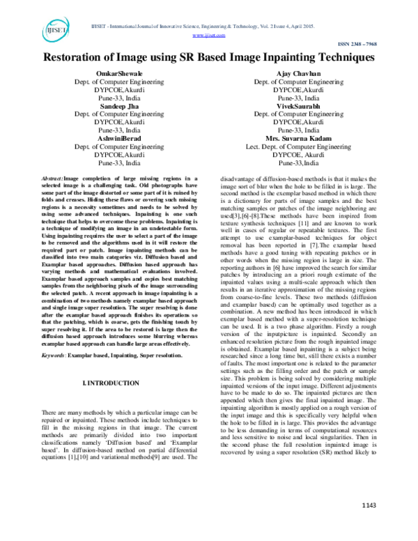 (PDF) Restoration of Image using SR Based Image Inpainting Techniques
