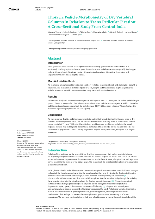 (PDF) Thoracic Pedicle Morphometry of Dry Vertebral Columns in Relation to Trans-Pedicular ...