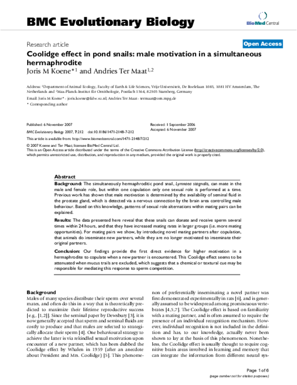 (PDF) Coolidge effect in pond snails: male motivation in a simultaneous ...