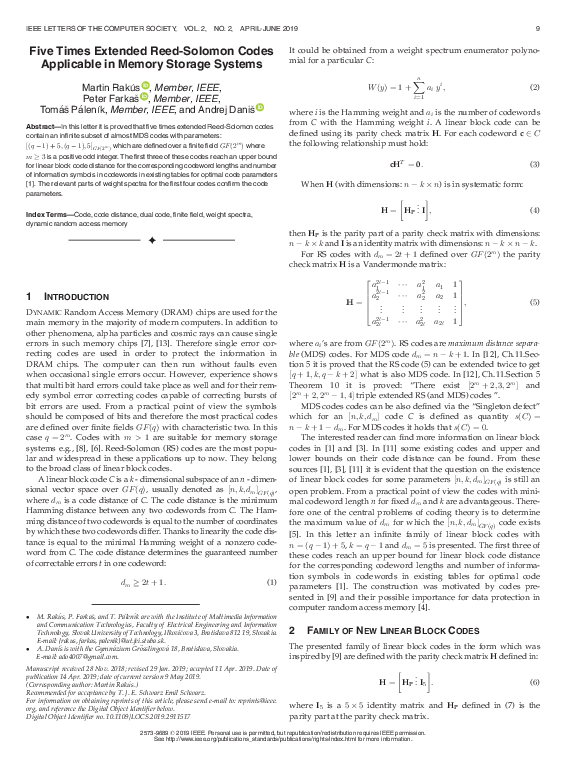 Pdf Five Times Extended Reed Solomon Codes Applicable In Memory