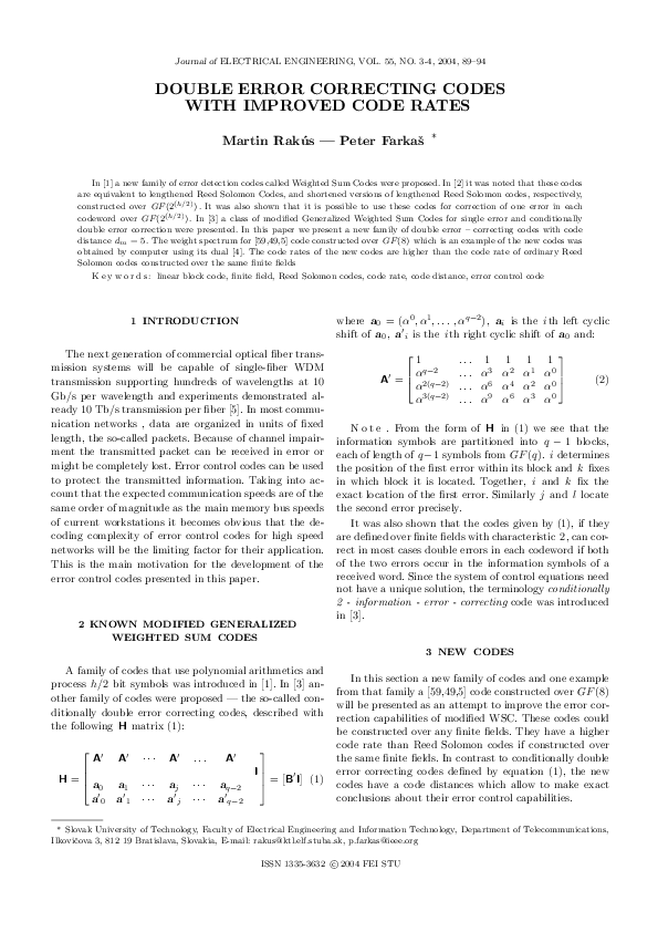 Pdf Double Error Correcting Codes With Improved Code Rates