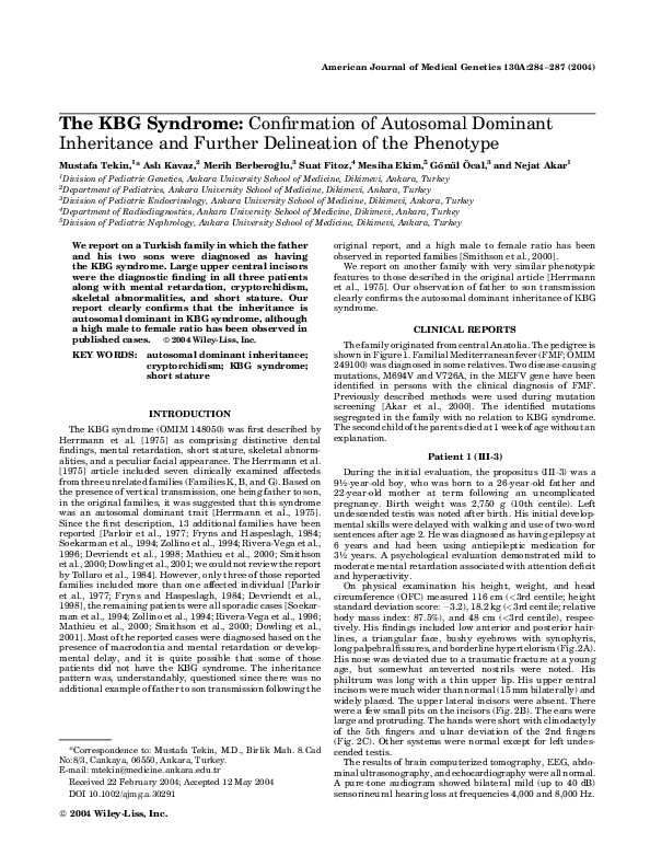 (PDF) The KBG syndrome: Confirmation of autosomal dominant inheritance ...