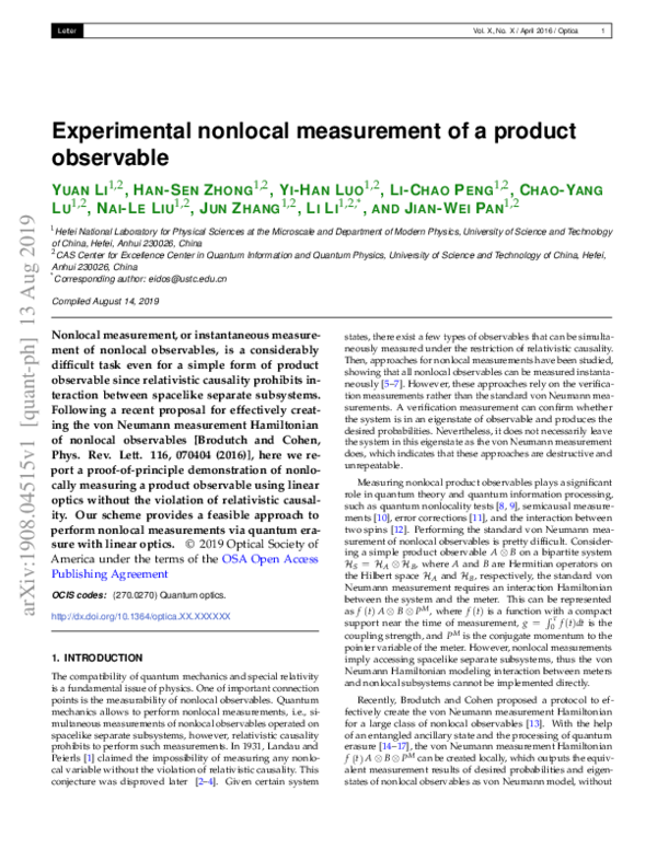 (PDF) Experimental nonlocal measurement of a product observable