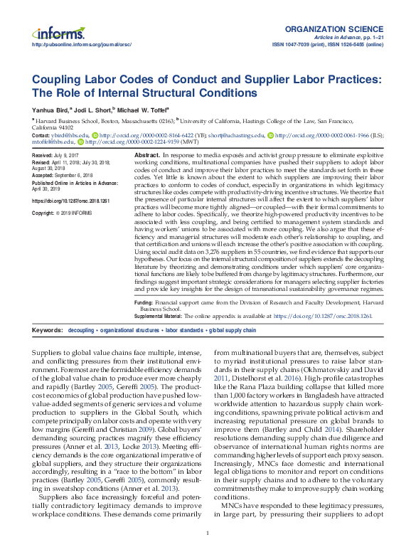 (PDF) Coupling Labor Codes of Conduct and Supplier Labor Practices: The ...