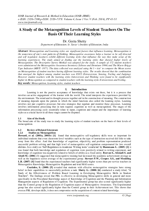 (PDF) A Study of the Metacognition Levels of Student Teachers On The Basis Of Their Learning Styles