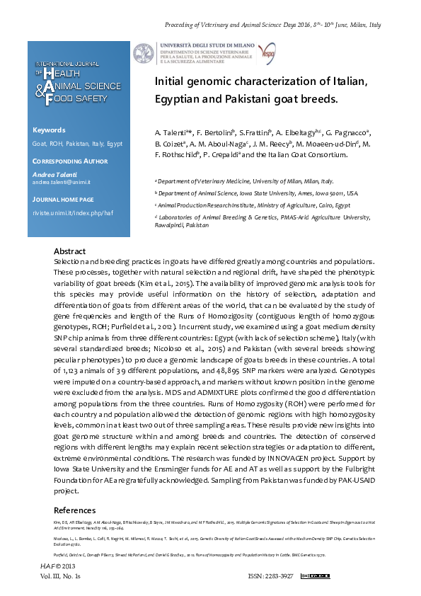 (PDF) Initial genomic characterization of Italian, Egyptian and Pakistani goat breeds