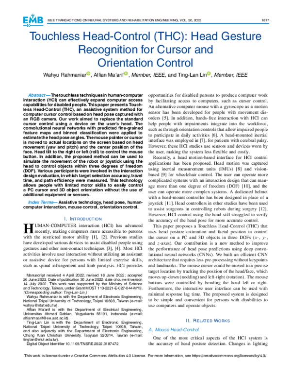 (PDF) Touchless Head-Control (THC): Head Gesture Recognition for Cursor ...