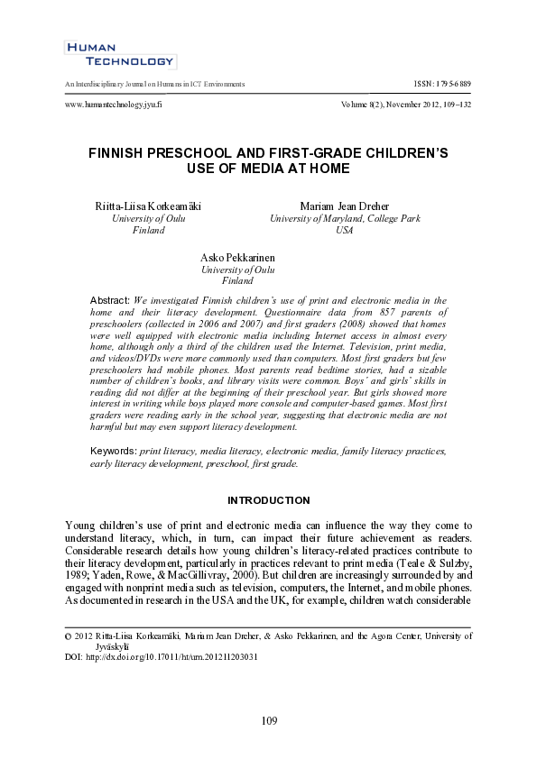 (PDF) Finnish Preschool and First-Grade Children's Use of Media at Home
