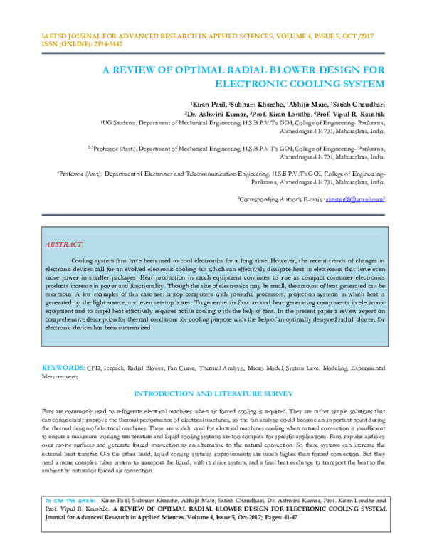 (PDF) A REVIEW OF OPTIMAL RADIAL BLOWER DESIGN FOR ELECTRONIC COOLING ...