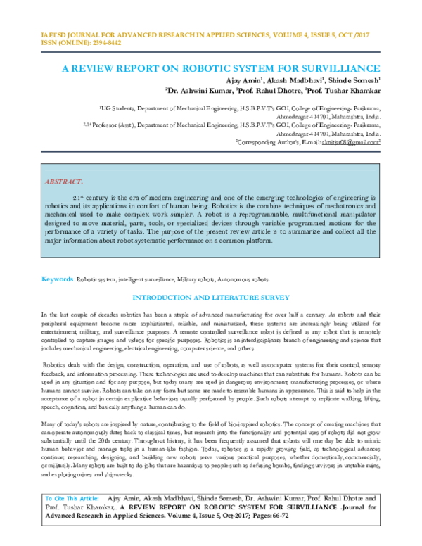 (PDF) A REVIEW REPORT ON ROBOTIC SYSTEM FOR SURVILLIANCE