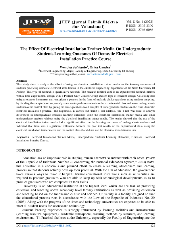 (PDF) The Effect Of Electrical Installation Trainer Media On ...