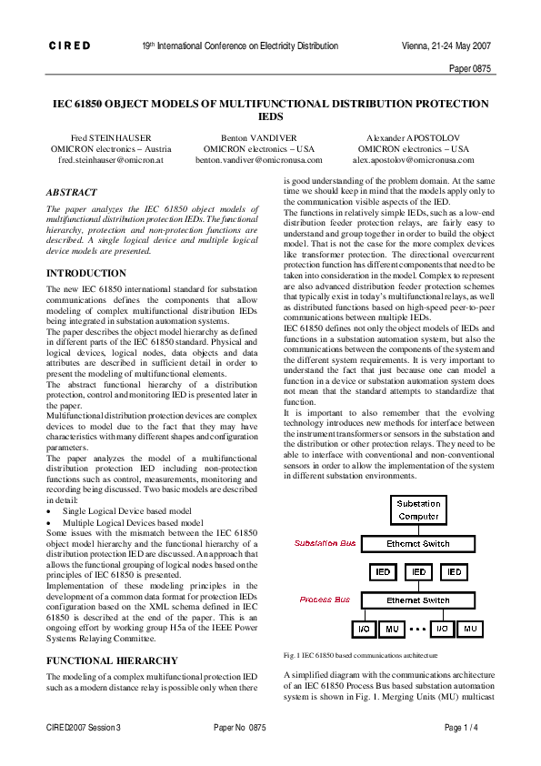 (PDF) Iec 61850 Object Models of Multifunctional Distribution Protection Ieds | Benton Vandiver ...
