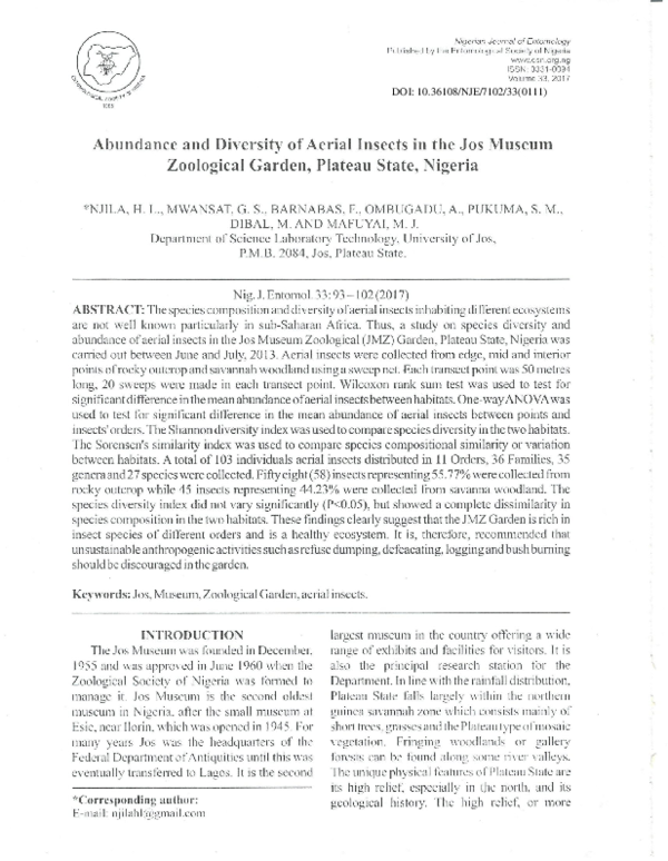 (PDF) Abundance and Diversity of Aerial Insects in the Jos Museum ...